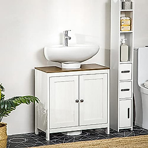 kleankin Modern Bathroom Sink Cabinet, Floor Standing Under Sink Cabinet, Freestanding Storage Cupboard with Adjustable Shelf, Double Doors, Antique White