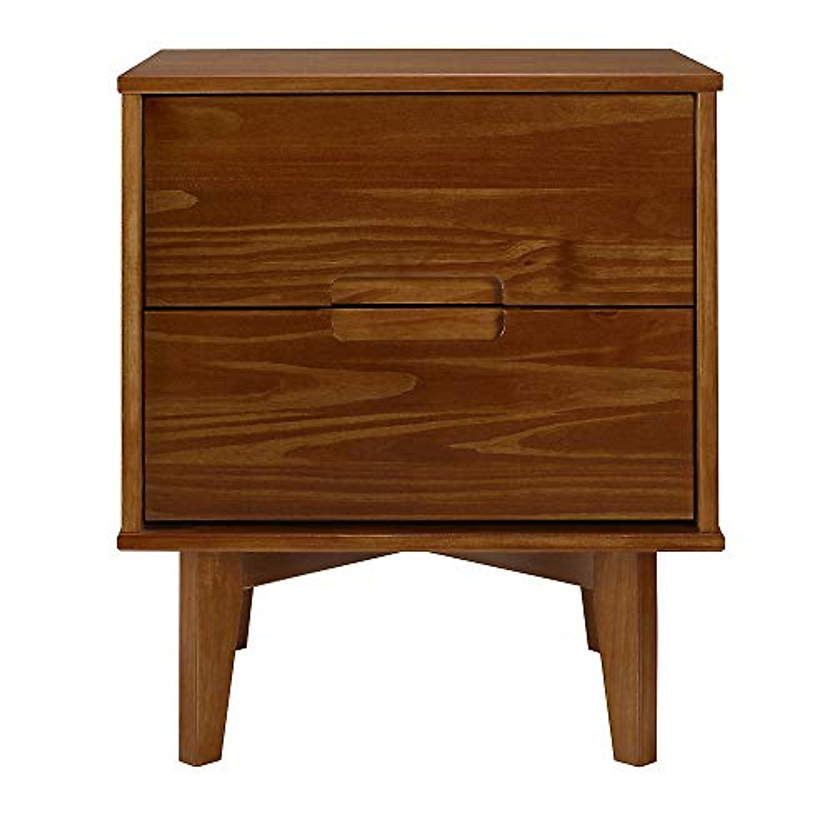 Walker Edison Mid Century Modern Grooved Handle Wood Nightstand Side Table Bedroom Storage Drawer and Shelf Bedside End Table, 2 Drawer, Walnut