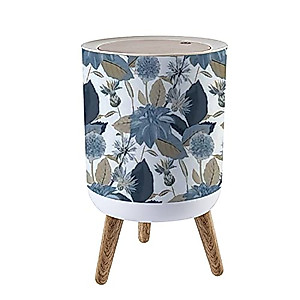 Small Trash Can with Lid floral seamless Flower Seamless with blue cornflowers dahlias thistles Garbage Bin Wood Waste Bin Press Cover Round Wastebasket for Bathroom Bedroom Diaper Office Kitchen