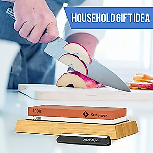 Kota Japan 1000-grit Coarse Side and 6000-grit Polishing Side Knife Sharpening Whetstone with Bamboo Base and Blade Guide