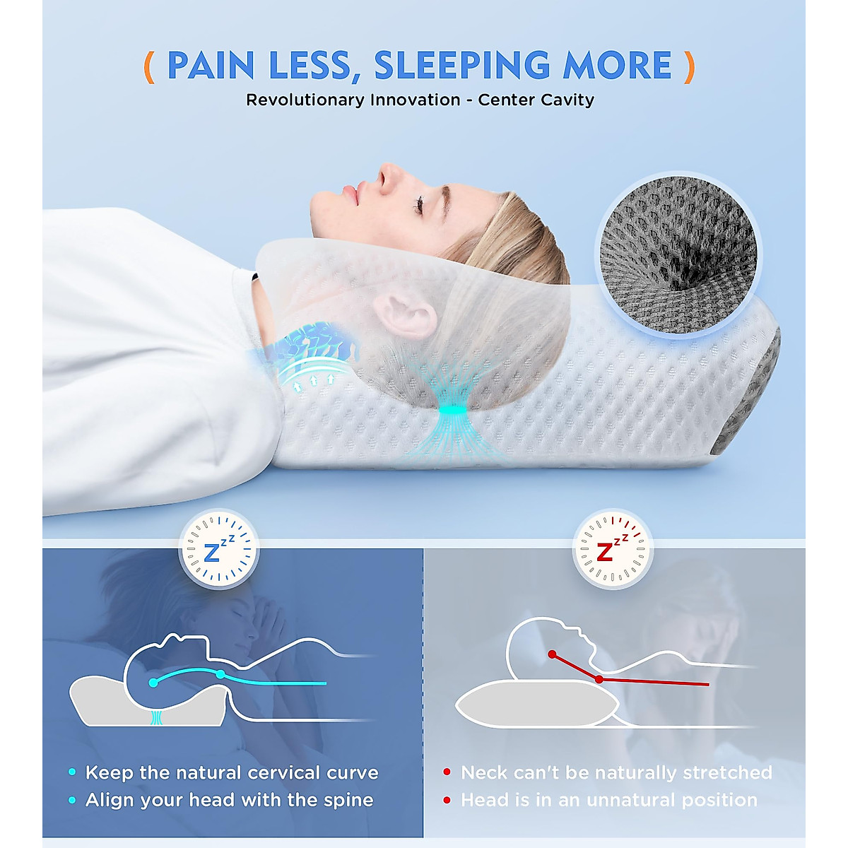 Cervical Pillow for Neck Pain Relief, Hollow Design Odorless Memory Foam Pillows with Cooling Case, Adjustable Orthopedic Bed Pillow for Sleeping, Contour Support for Side Back Stomach Sleepers