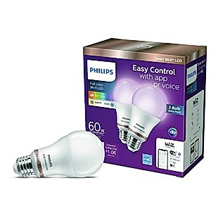 Philips Wiz connected 2-Pack bundle A19 LED Wi-Fi Smart Bulb FULL COLOR 800 Lumens Dimmable 60w equivalent