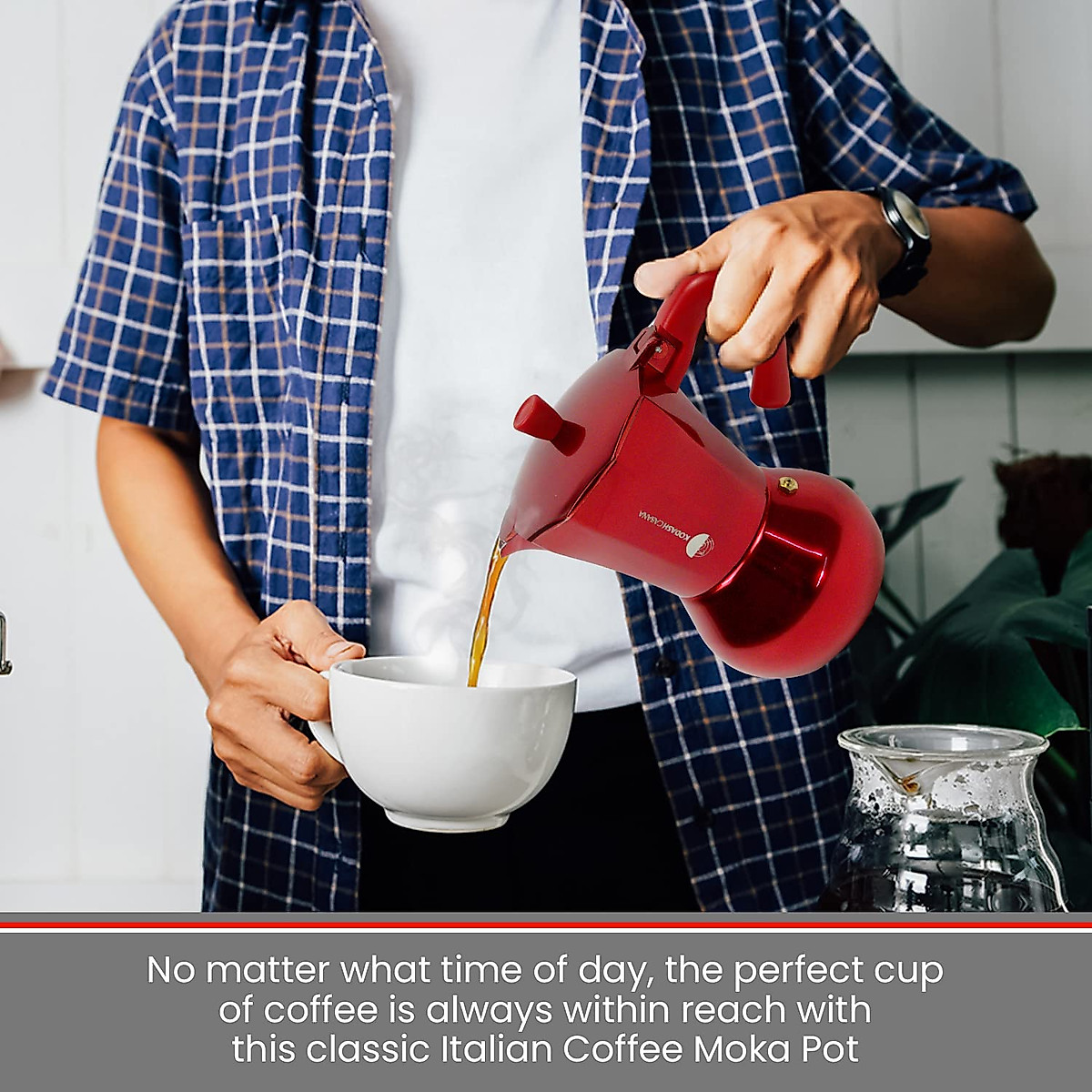 Kodash Cabana 6 cup stovetop expresso maker for home-Red Italian coffee maker-small Moka pot brewer-camping greca brewer