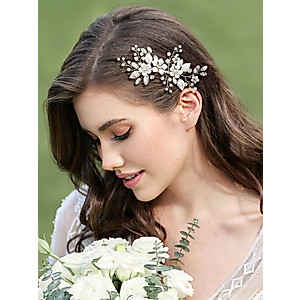 SWEETV Silver Bridal Hair Comb for Wedding Hair Accessories, Handmade with Crystals, Pearls, and Leaves, 4.72 x 2.75 inches, for Brides, Women