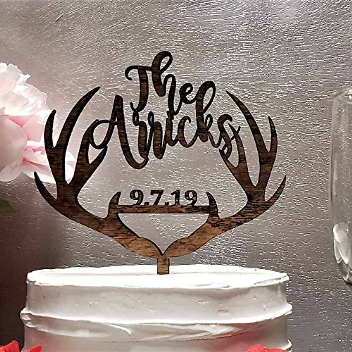 Personalized Antler Wedding Cake Topper, Script Name Wedding Cake Topper, Rustic Wedding Cake Topper, Country Wedding Cake Topper, Personalized deer topper, Stained wood topper for wedding