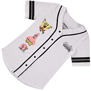 SpongeBob SquarePants Ladies Baseball Jersey - Spongebob, Mr Krabs, Squidward, Patrick Star - Mesh Button Down Baseball Jersey (White Baseball, X-Small)