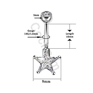 COCHARM 14G Dainty Belly Button Rings Clear Star CZ Belly Navel Rings 316L Stainless Steel Belly Piercing Jewelry