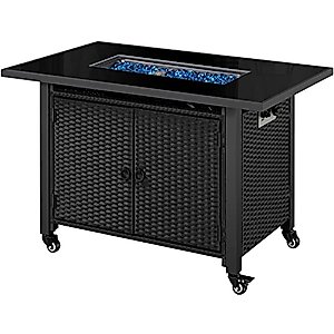 Topeakmart Fire Pit 43in Propane Fire Pit Table 50,000 BTU with Wicker Base, Extra Storage Space, Tempered Glass Tabletop, Fire Glass Beads and Protective Cover for Patio/Yard/Garden