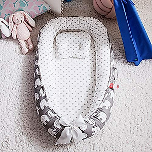 Vohunt Baby Lounger for Newborn,100% Cotton Co-Sleeper for Baby in Bed with Handles,Soft Newborn Lounger Adjustable Size & Strong Zipper Lengthen Space to 3 Tears Old(Elephant Grey)