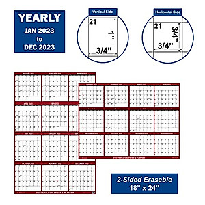 18" x 24" SwiftGlimpse 2023 Wall Calendar Erasable Large Wet & Dry Erase Laminated 12 Month Annual Yearly Wall Planner, Reversible, Horizontal/Vertical, Maroon