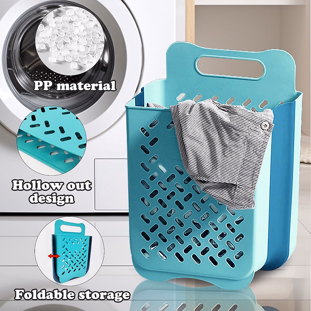 MutiValue Laundry Hamper, Plastic Collapsible Laundry Basket, Portable Wall-Mounted Dirty Clothes Hamper with Hook Space-Saving Foldable Laundry Basket with for Room Storage & Organizing (Blue)