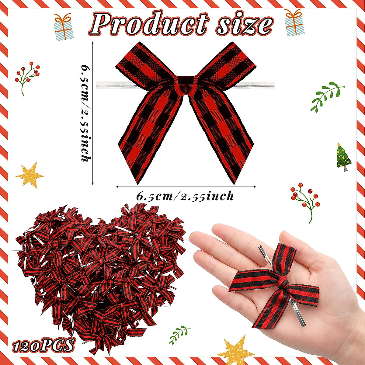 200 Pack Christmas Ribbon Bows Twist Tie Bows Checkered Ribbon 2.56 Inch Fabric Ribbons for Tying up Christmas Tree Gift Wrapping Package Craft Decorations (White, Black)