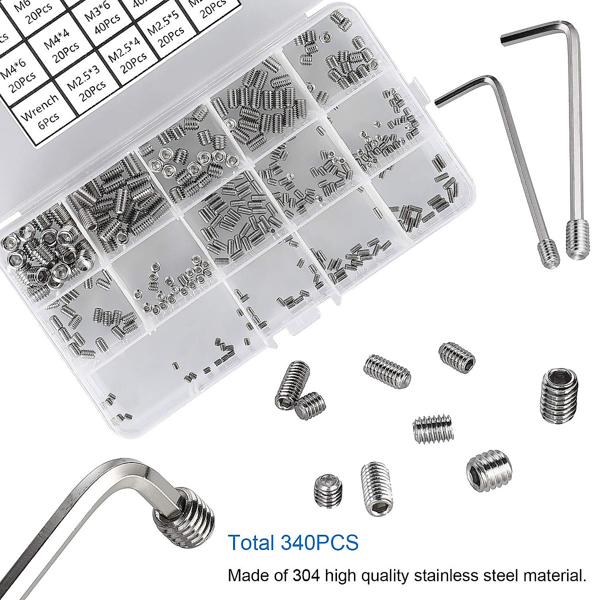 HanTof 340Pcs M2.5, M3, M4, M5, M6, M8 Metric Hex Socket Head Cup Point Set Screws, Allen Head Grub Screw, Internal Hex Drive Headless Set Screw Assortment Kit with 6 Hex Wrenches, 304 Stainless Steel