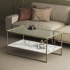 Tilly Lin 35" Elegant 2 Tier Glass Top Coffee Table with White Faux Marble and Gold Metal Legs, Rectangular Cocktail Table with Storage for Living Room