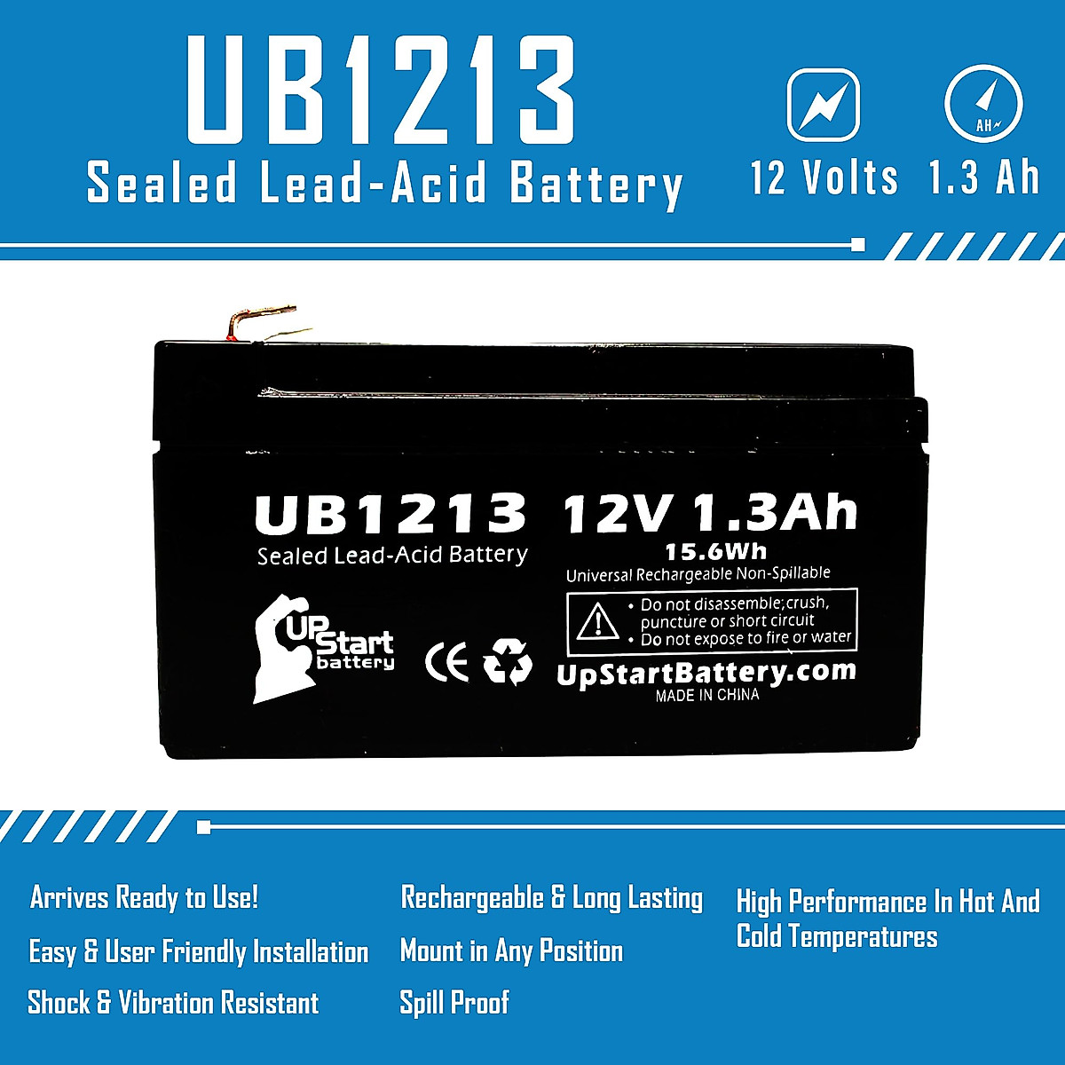 Replacement for Mercedes-Benz N000000004039 Battery - Replacement UB1213 Universal Sealed Lead Acid Battery (12V, 1.3Ah, 1300mAh, F1 Terminal, AGM, SLA) - Includes TWO F1 to F2 Terminal Adapters
