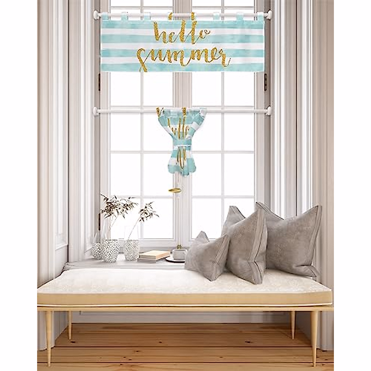 Tab Top Curtain Valance HELLO SUMMER Gold Round Spots on Blue and White Stripes Valance Curtains Light Filtering Rod Pocket Window Treatment Small Valances For Kitchen Cafe Basement, 1 Panel, 54X18In