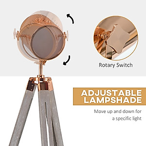 HOMCOM Vintage Tripod Floor Lamp, Height Adjustable Nautical Spotlight with Wood Legs, E12 Lamp Base for Living Room, Bedroom, Grey and Rose Gold