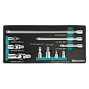 DURATECH 10-Piece Socket Accessory Kit, Includes 3/8” Drive Extension Bar Set, 1/4”, 3/8” & 1/2” Drive Universal Joints and Adapters, with EVA Foam Tool Organizer, Cr-V Steel Made