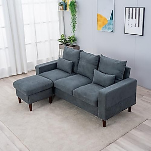 Panana 3-Seat Sofa Couch with Reversible Back Cushions Modern Fabric Sofa 3 Seater Couch for Small Apartment (Grey, 3 Seater with Ottoman Stool)
