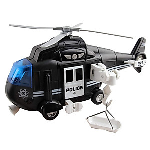 Vokodo Police Helicopter 11" With Lights And Sounds Push And Go Includes Rescue Basket Durable Toy Friction Kids Cop Chopper SWAT Airplane Pretend Play Truck Great Gift For Children Boys Girl Toddlers