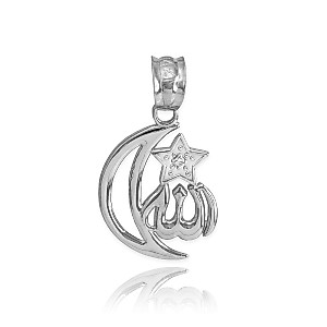 925 Sterling Silver CZ-Accented Islamic Star and Crescent Moon Allah Charm Pendant