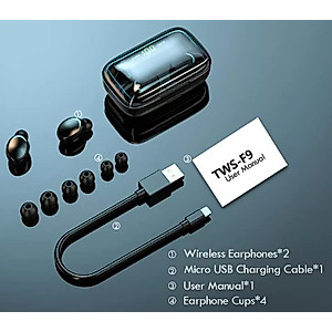 BAHASYA Wireless Bluetooth Earbuds with Digital Charging Case, Built-in Mic, Noise Cancelling, Waterproof, Deep Bass Earphones, in Ear Stereo Headphones for Sport, Gym, Gaming (Black)