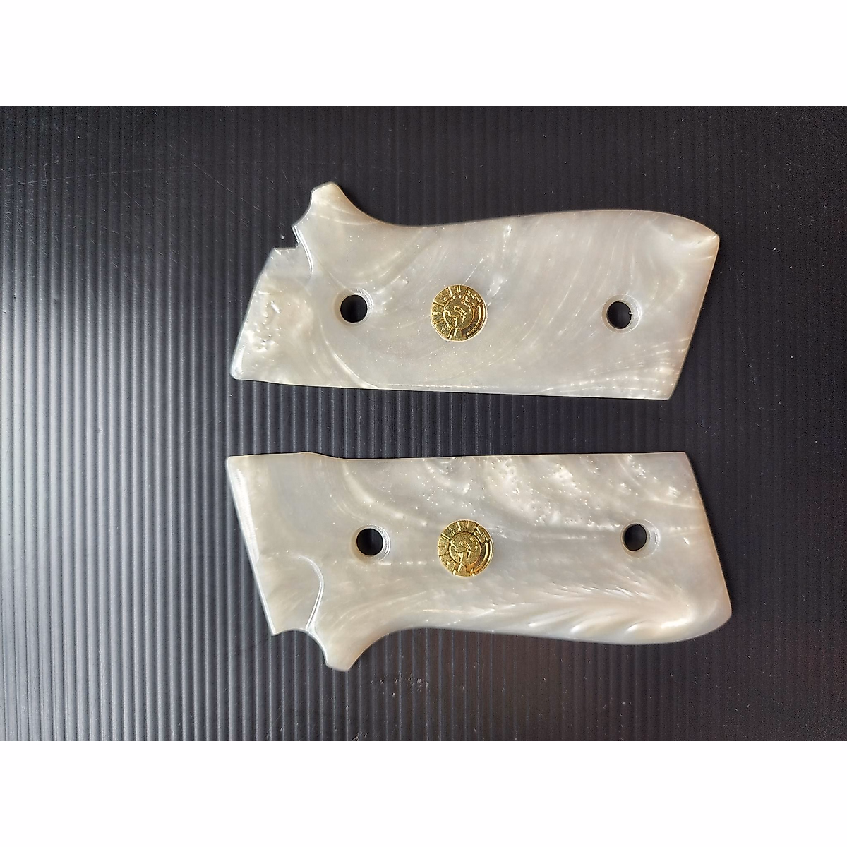 BMPL New Grips Compatible with Taurus Pt-92, Pt-99, Pt100, Pt101 Decocker, Smooth White Pearl Resin Polyester,Gold Medallion, Thai Handmade