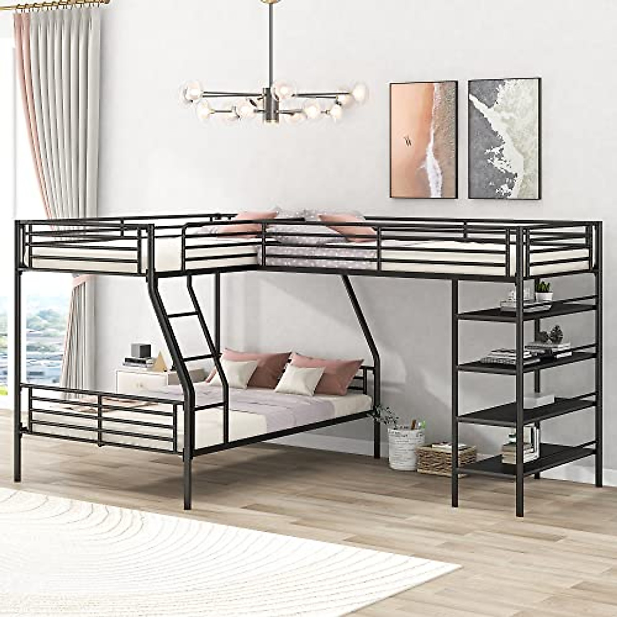 YuiHome L Shaped Bunk Bed for 3, Metal Triple Bunk Bed, Heavy-Duty Steel Frame Twin Over Full Bunk Bed and Twin Size Loft Bed with Four Built-in Shelves for Bedroom, Dorm, Boys, Girls, Adults,Black