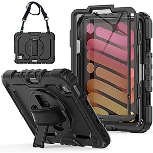 iPad Mini 6 Case 8.3 Inch 2021 with Pencil Holder & Screen Protector for Kids Boys Girls & Business | AVAKOT Protective Shockproof iPad Case for Mini 6th Gen w/Hand Shoulder Strap for Car | Black