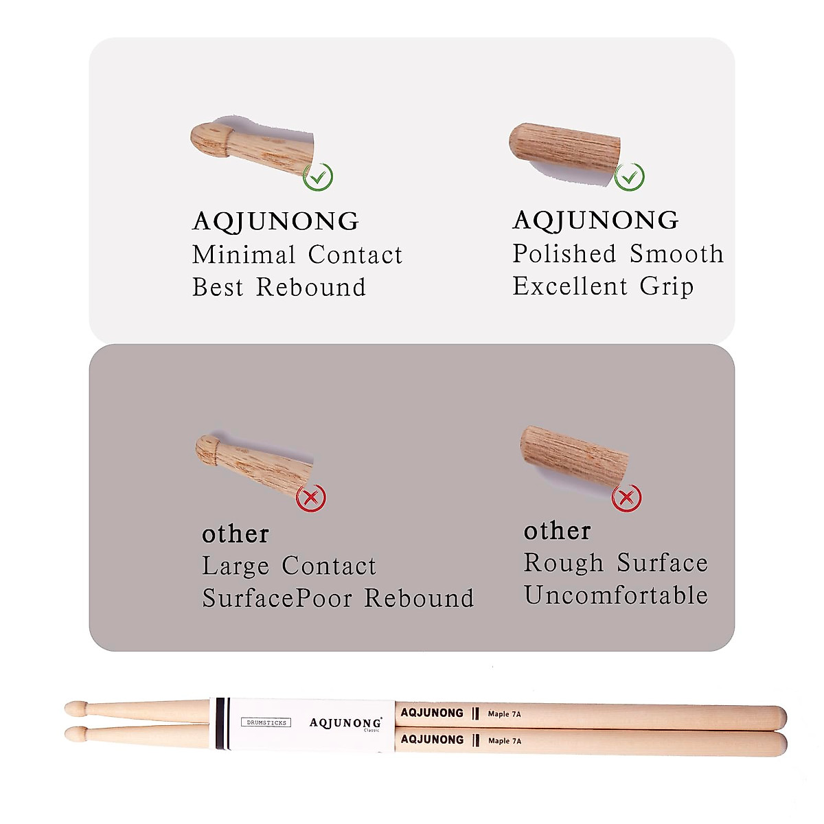 AQJUNONG Drum Sticks，7A Drumsticks, 12 Pairs Classic Maple Wood Tip Drum Sticks for Kids and Adults, Professional Musical Instrument Percussion Accessories