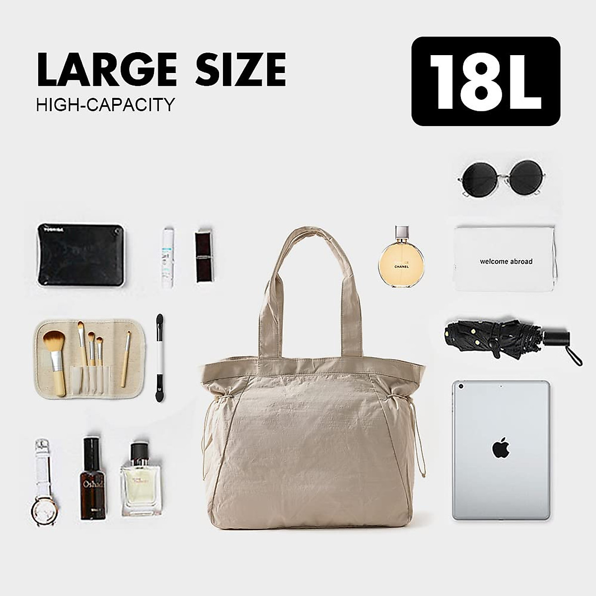 VAKAER Tote Bag for Women, 18L Side Cinch Shopper Handbag, Large Hobo Handbag, Lightweight Shoulder Bags for Work, Gym, Workout, Travel (Beige)