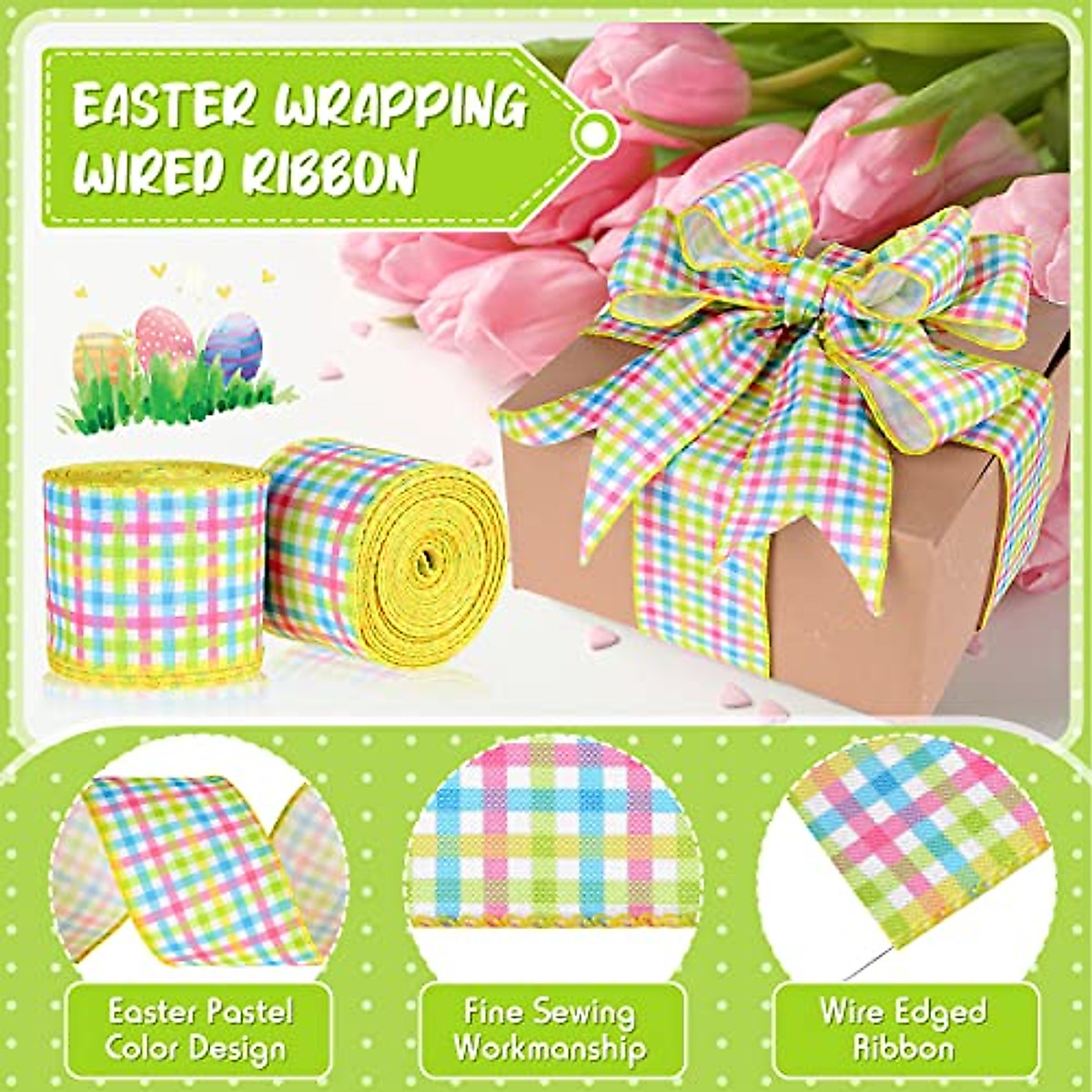 4 Roll 40 Yard Easter Spring Pastel Wired Ribbon, Gingham Ribbon Pink Blue Yellow Green Plaid Wired Ribbon for Wreaths Easter Plaid Ribbons for Home Decor DIY Wrapping Crafts Decoration (2.5 Inch)