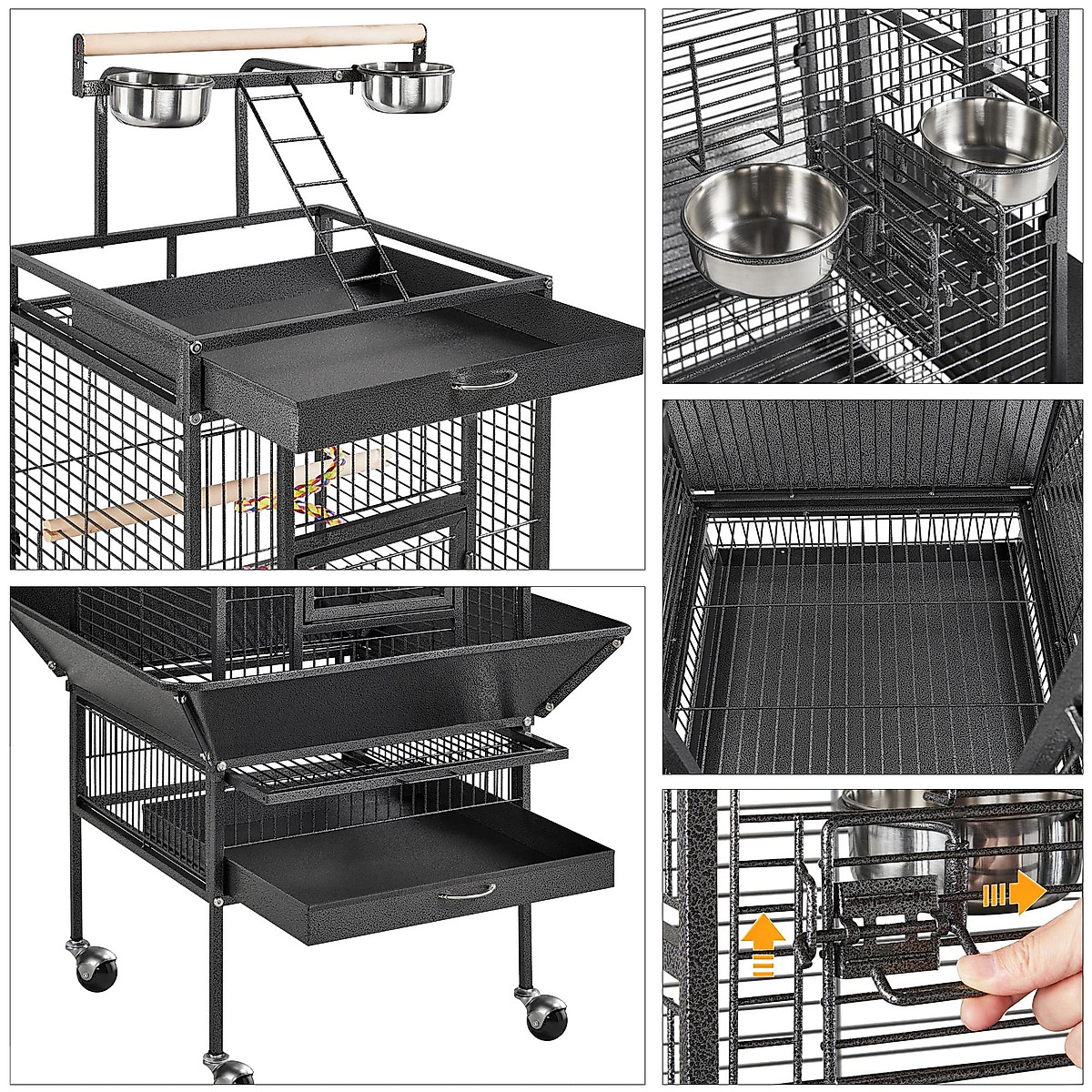 Yaheetech 61-inch Playtop Wrought Iron Large Parrot Bird Cages with Rolling Stand for Cockatiels Amazon Parrot Quaker Conure Parakeet Lovebird Finch Canary Small Medium Parrot Cage Birdcage, Black