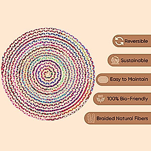 INDIAN ARTISTIC Jute Cotton Multi Chindi Round Rag Rug 3X3' | Hand Woven Rug & Reversible Rug | Cotton Rag Rug | Handmade Multicolored Reversible Braided Rag Rug | Runner Rugs (Round Shape)