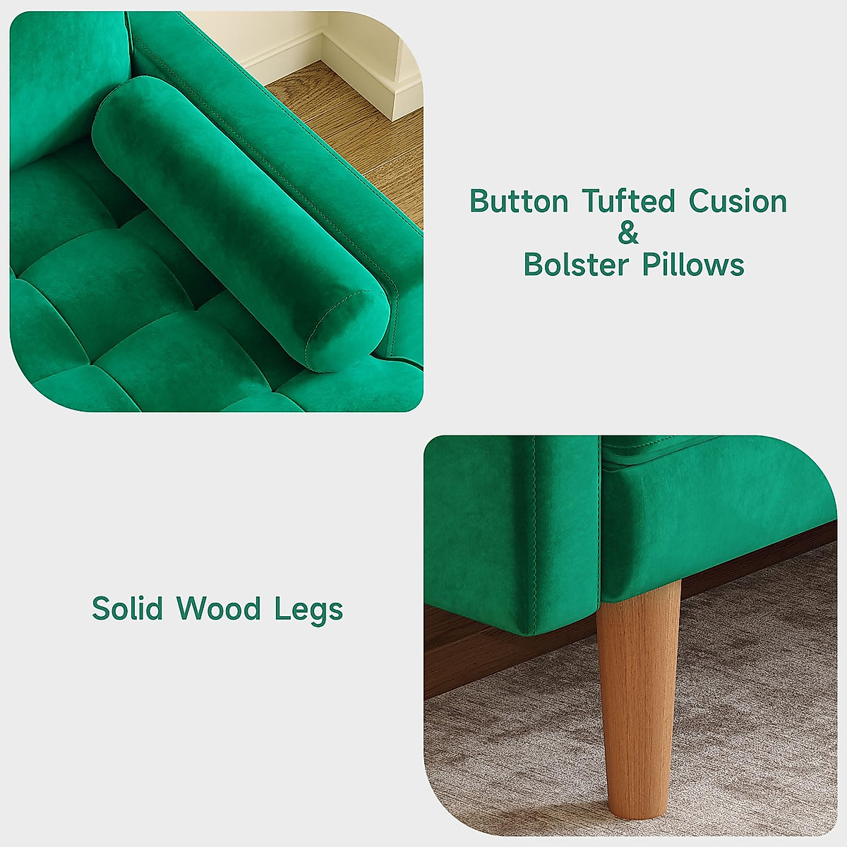 ONBRILL L Shaped Couch, Velvet L Shaped Sofa with Convertible Chaise, Sectional Sleeper Couch w/Tufted Sponge Cushion & 2 Bolster Pillows, Comfy L Shape Couch for Living Room, Small Space, Green