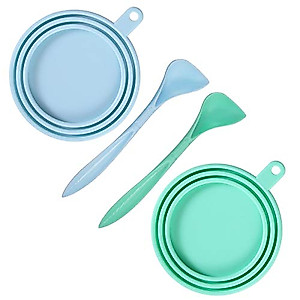 SLSON 2 Pack Pet Food Can Cover Universal Silicone Cat Dog Food Can Lids 1 Fit 3 Standard Size Can Tops with 2 Spoons,Light Blue and Green