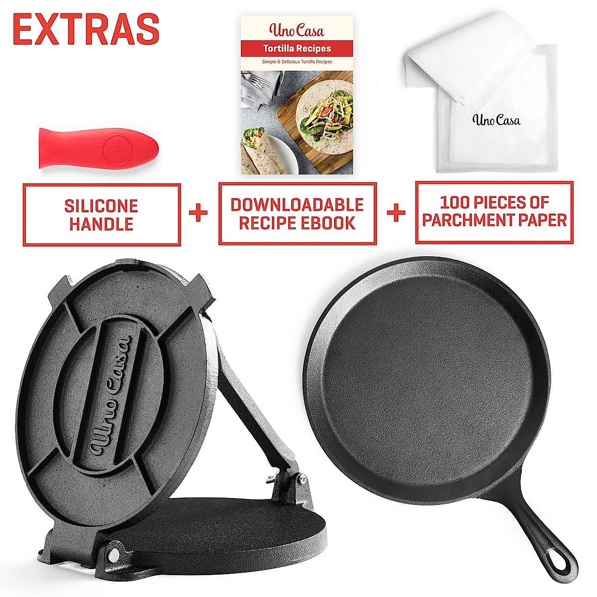 Uno Casa Cast Iron Tortilla Press 10 Inch with Cast Iron Comal Pan - Bundle of Cast Iron Tortilla Skillet for Roti Pan, Tawa Pan, Dosa Pan & Tortilla Press Pataconera