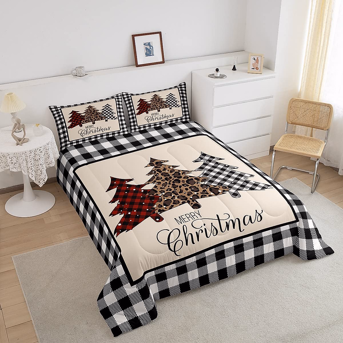 Merry Christmas Kids Comforter Set Queen Size,Xmas Tree Rustic Bedding Set,Girls Boys Adults Bedroom Decor,Geometric Grid Patchwork Down Comforter,Black White Stylish Duvet Insert,3pcs,2 Pillowcases