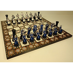 Medieval Times Crusades Warrior Chess Set Blue & White Maltese Cross with 16 1/2" Mossaic Color Board
