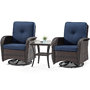 MeetLeisure Patio Swivel Glider Wicker Chairs - Outdoor Swivel Rocking Chairs Set of 2 with Wicker Side Table, Outdoor Swivel Rocker Chair Set 3 Piece Patio Furniture Set(Brown/Blue)