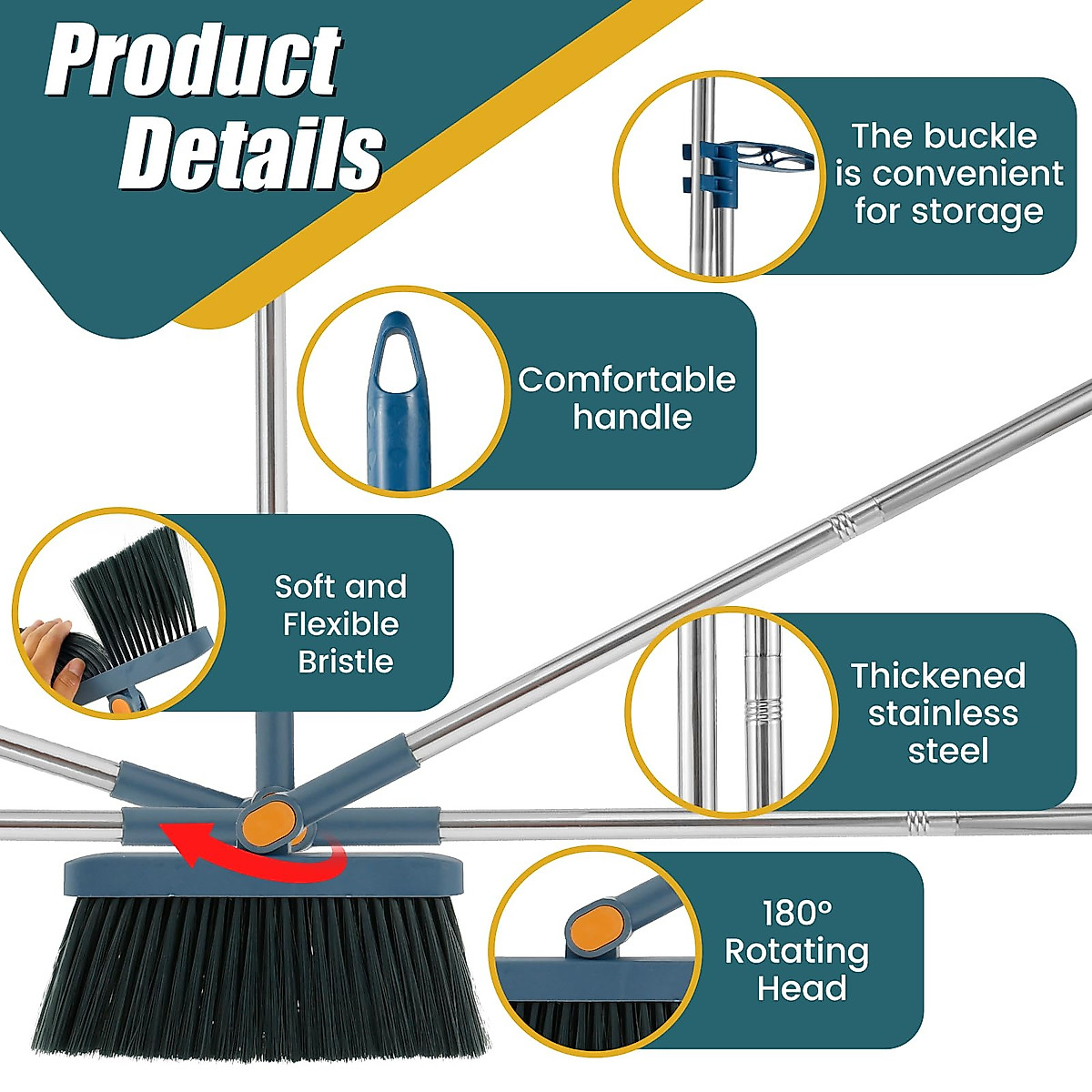 Muyoka 3Pcs Floor Sweeping Set with Long Handle 180°Rotating Floor Broom Dustpan Set Foldable Stand Dustpan and Broom Combo for Kitchen Office Home Floor (Blue)