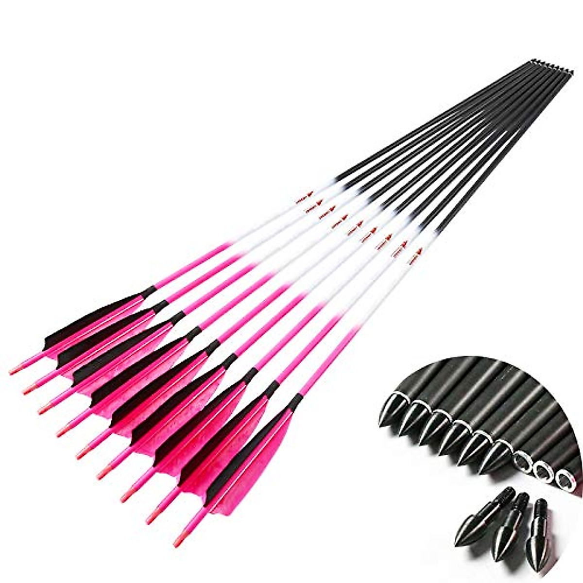 Linkboy Archery Spine 300-600 Arrows Pure Carbon ID6.2mm Shaft Fluorescent Pink Turkey Vanes Points Bow Hunting Shooting 6PCS (Spine 300 30inch)