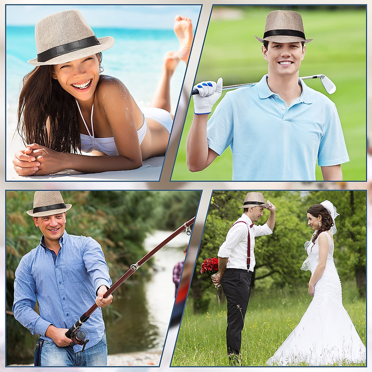 10 Pack Classic Fedora Hat with Short Brim, Straw Panama Style, for Men Women Party Costume, Circumference 60 cm (Beige)