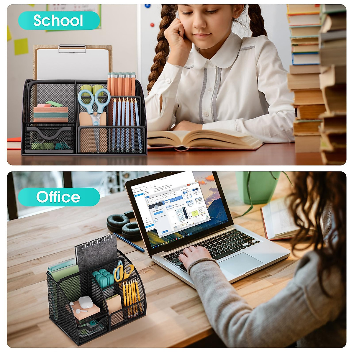 MaxGear Mesh Desk Organizer Office Desktop Organizer with Drawer, Metal Stationary Organizer Black Desk Caddy, 6 Compartments, 8.7 x 5.5 x 5 inch, 1 Pack