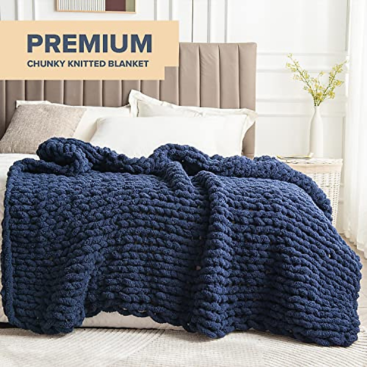 Chunky Knit Blanket Throw - 50"x60" 3.7 lbs. - Soft Chenille Yarn Knitted Blanket - Machine Washable Crochet Blanket - Handmade Cable Knit Throw Blanket for Couch, Bed (Navy Blue)