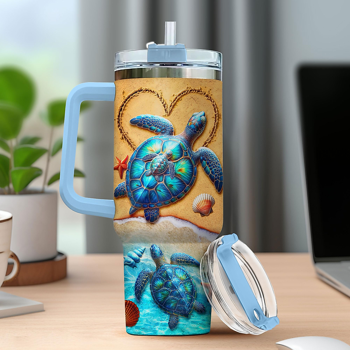 99WHALE Tumbler 40 Oz With Handle Lid And Straw, Summer Myrtle Navy Beach For Tumblers Royal Women Insulated Blue Handle, Sea Turtle Seashells Inspiration, Sea Turtle Gifts