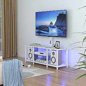 TV Stand with Mount ，White Television Stand with Led Light and Power Outlets for 32/40/43/50/55/60/65/70 Inch TV,Entertainment Center with Storage Shelf for Bedroom/Living Room/Office
