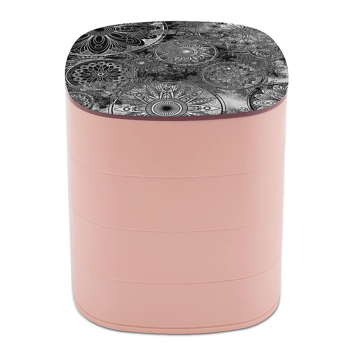 Islam, Arabic, Indian, Ottoman Motifs Tribal Mandala Floral Flower Women Jewelry Box with Mirror, 360 Degree Rotating 4-layer Tray with Lid, Storage Bag Case for Rings, Necklaces, Bracelets