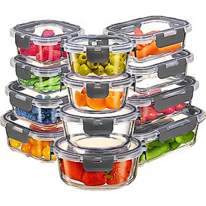 FineDine 24-Piece Superior Glass Food Storage Containers Set - Newly Innovated Hinged Locking lids - 100% Leakproof Glass Meal-Prep Containers, Great On-the-Go & Freezer-to-Oven-Safe Food Containers