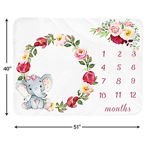 Baby Monthly Milestone Blanket Girl - Newborn Month Blanket Personalized Shower Gift Soft Fleece Photography Background Photo Prop Floral Elephant Blanket with Frame Headband Large 51''x40''